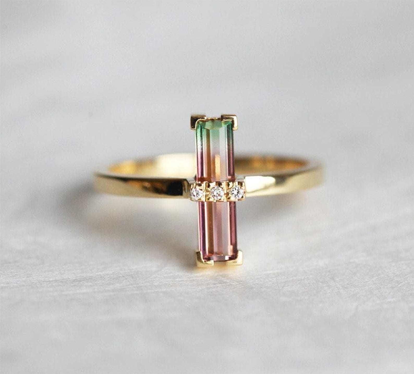 Watermelon Tourmaline Ring, Unique Engagement Ring, Baguette Bicolor ...