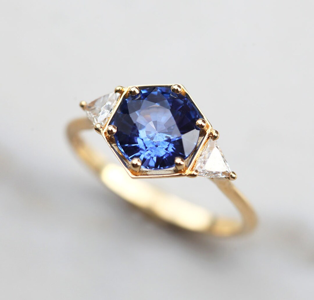 Round Blue Sapphire Ring, Hexagon Sapphire Engagement Ring, Blue ...