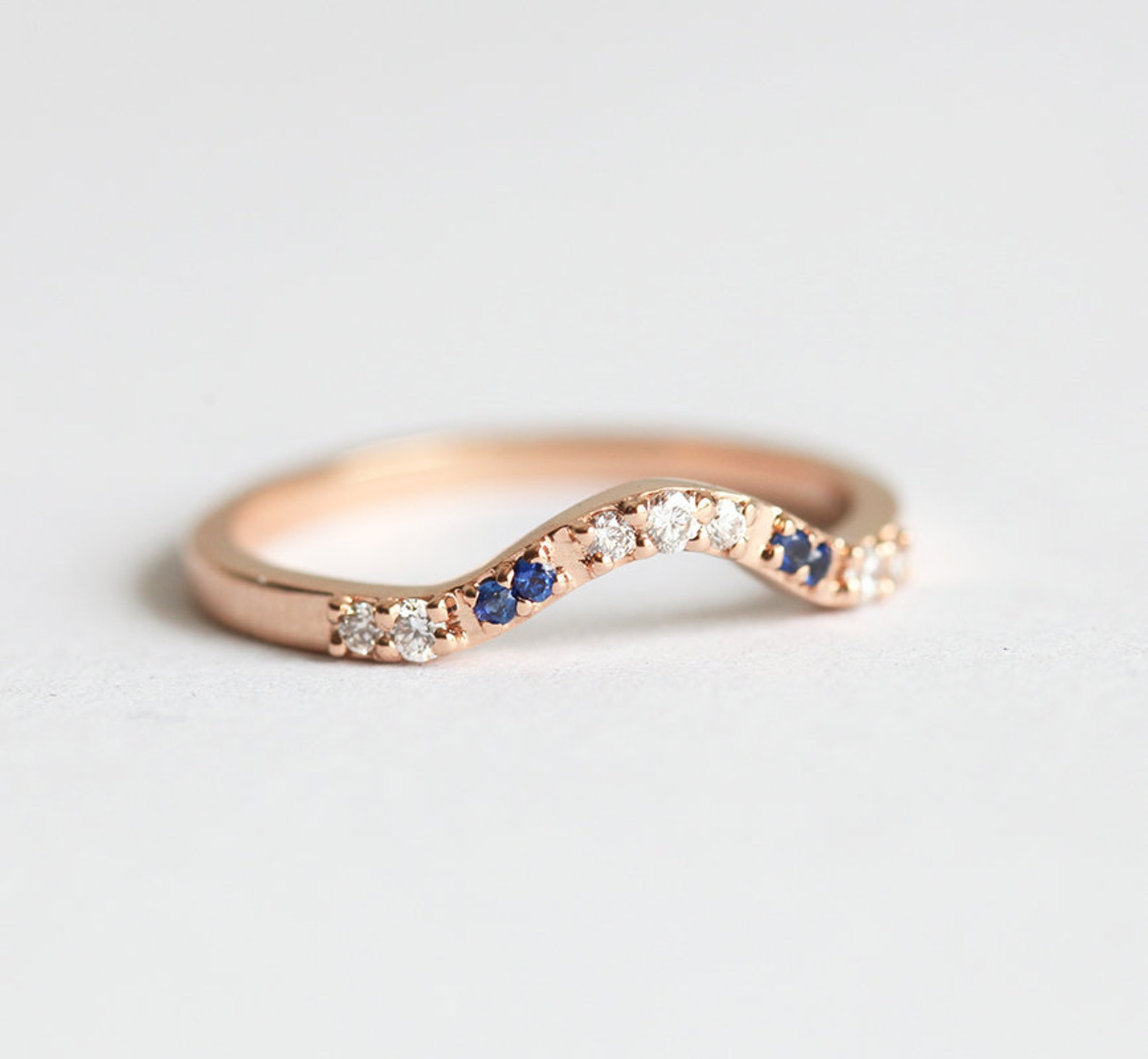 Rose Gold Wedding Ring With Blue Sapphires and Diamonds - Etsy