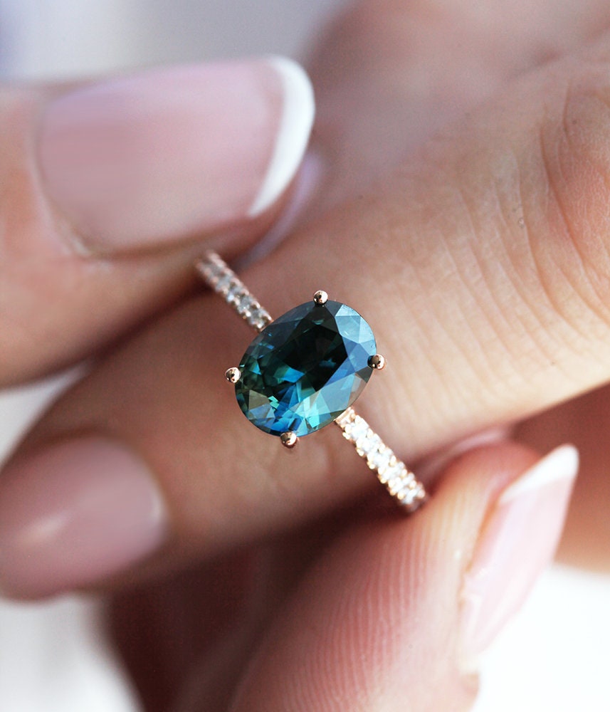 Oval sapphire ring teal sapphire engagement ring with pave | Etsy