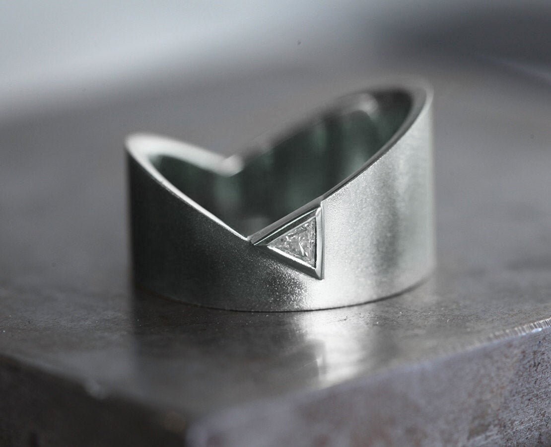 Triangle Diamond Wedding Ring Modern Gold Band Wide Trillion | Etsy