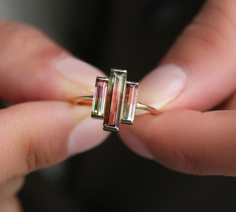 Watermelon Tourmaline Ring Baguette Engagement Ring Unique - Etsy