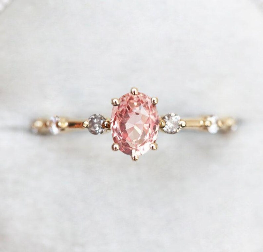 Peach Sapphire Engagement Ring Oval Sapphire Ring With Diamond Band Delicate Peach Pink Sapphire Ring Etsy