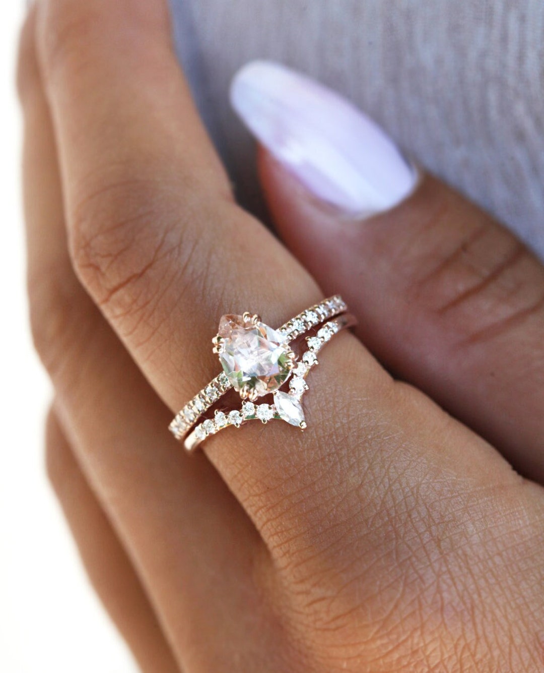 Pear Peach Sapphire Ring Set, Pear Sapphire Engagement Ring With ...