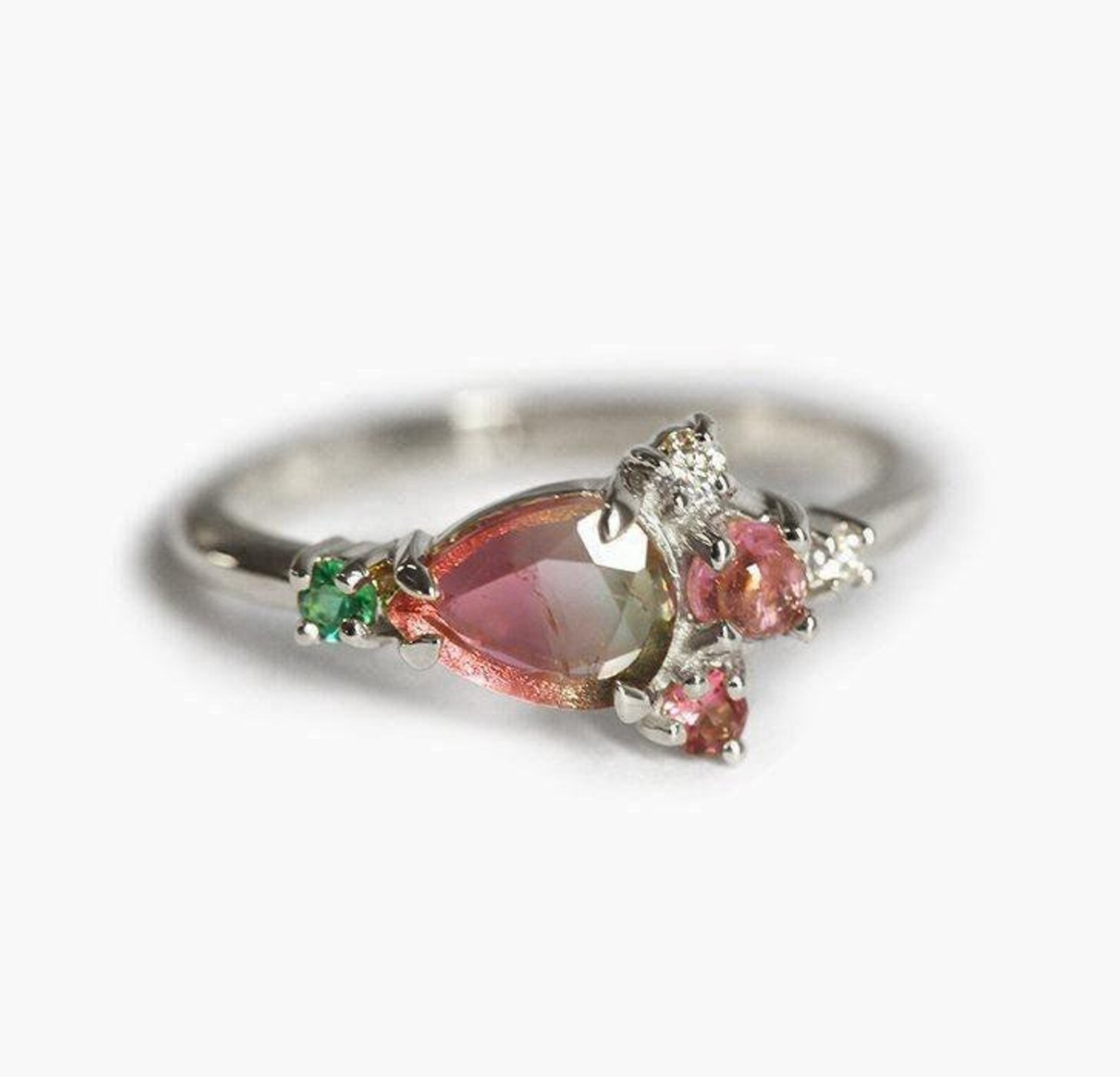 Watermelon Tourmaline Cluster Ring, Unique Engagement Ring, Pink ...