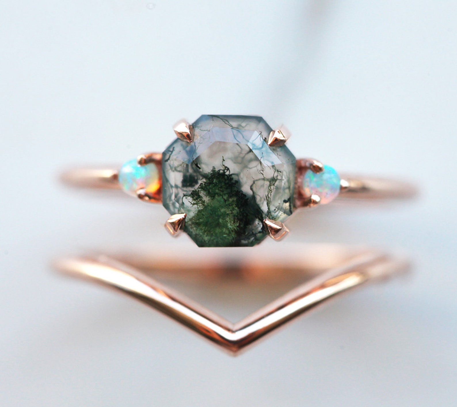 Moss Agate Engagement Ring Set Gemstone Ring Rustic Opal - Etsy