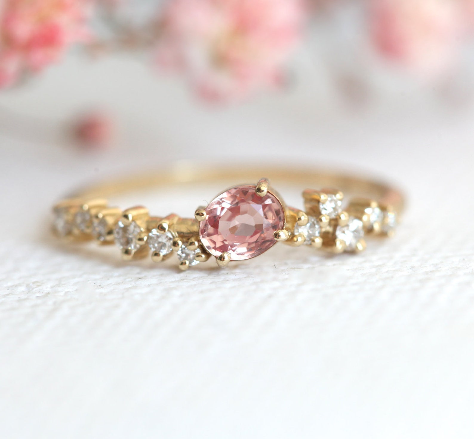 Diamond Ring With Pink Peach Sapphire Peach Sapphire Ring - Etsy