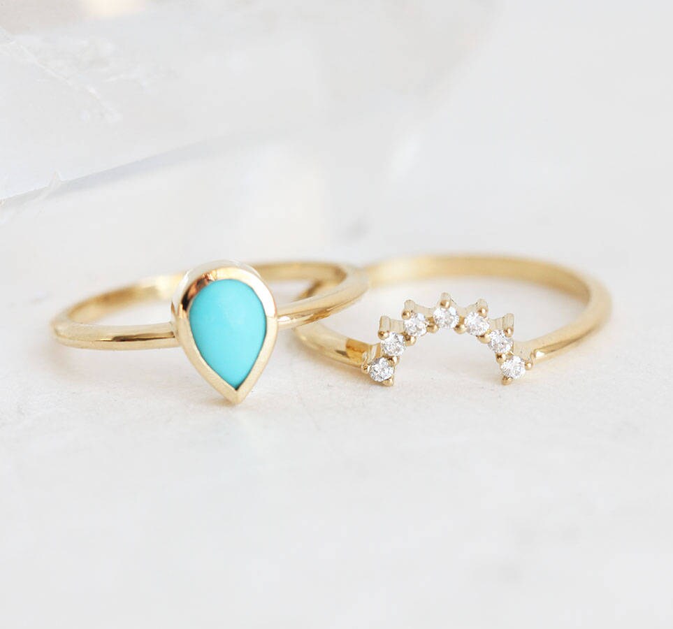 Pear Turquoise Ring Set Diamond Crown Ring with Turquoise | Etsy