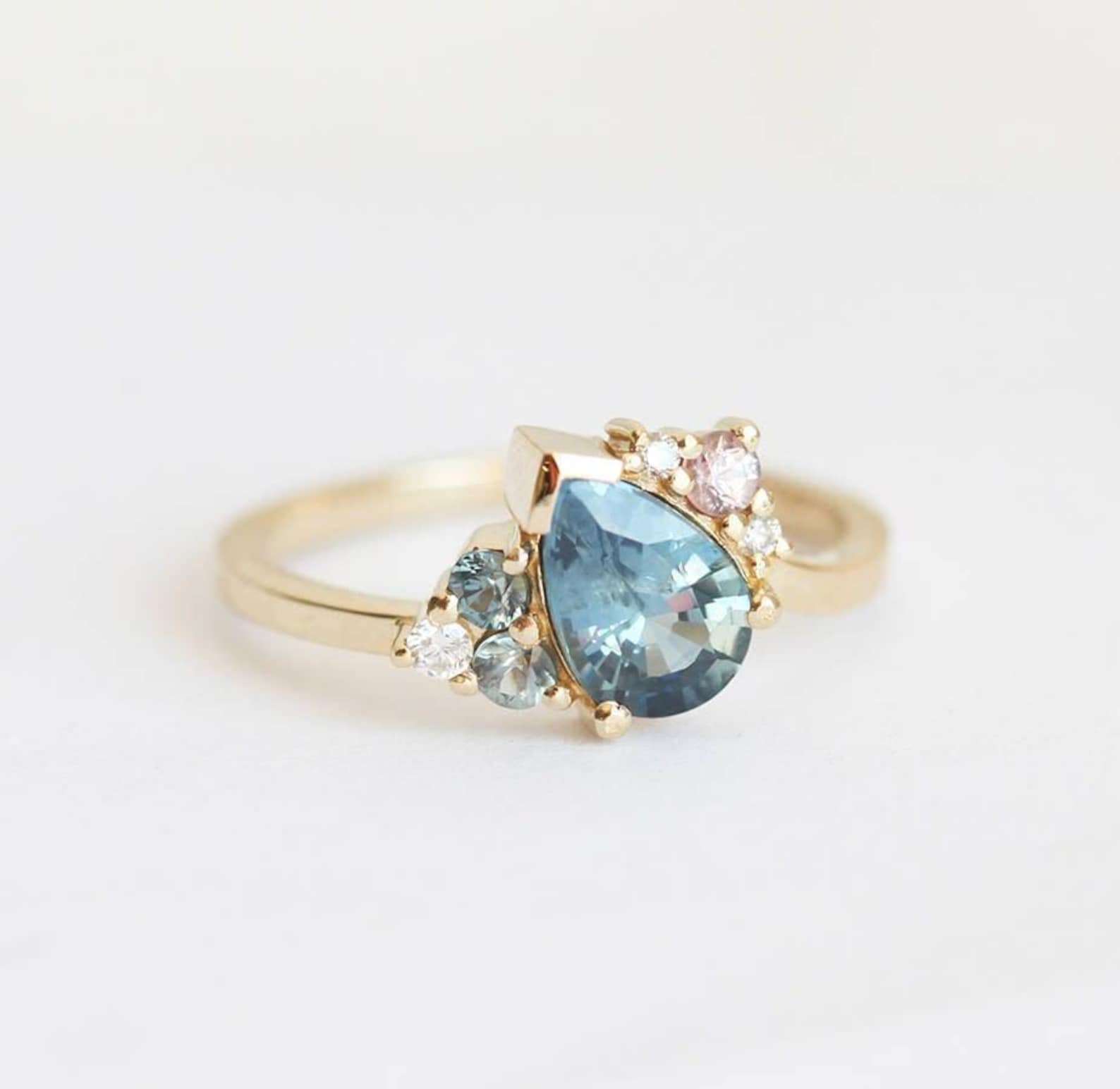 Blue Pear Sapphire Engagement Ring, Sapphire Cluster Ring, 18k Gold ...
