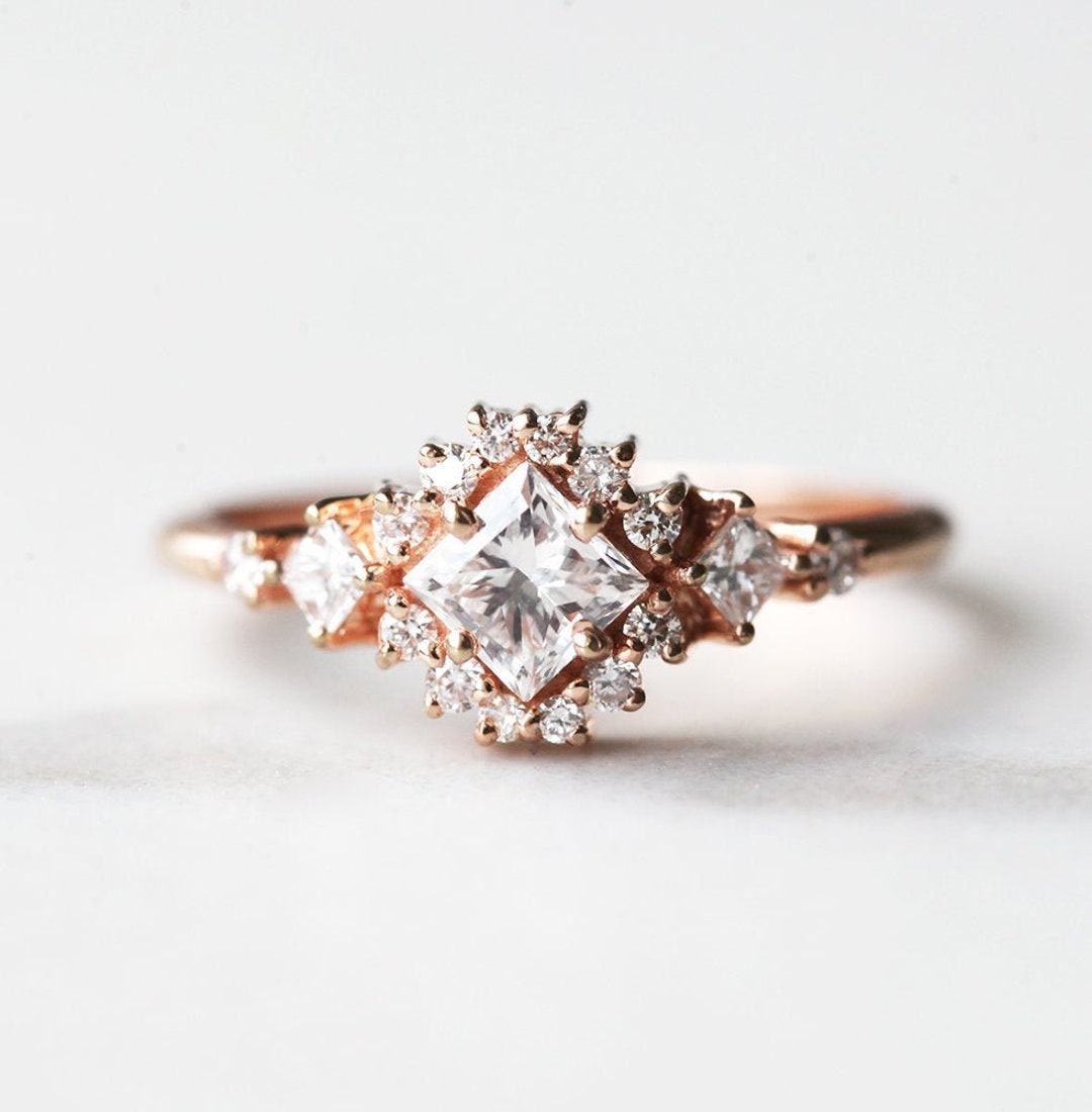 Cluster Diamond Engagement Ring, Princess Diamond Cluster Ring, Square ...