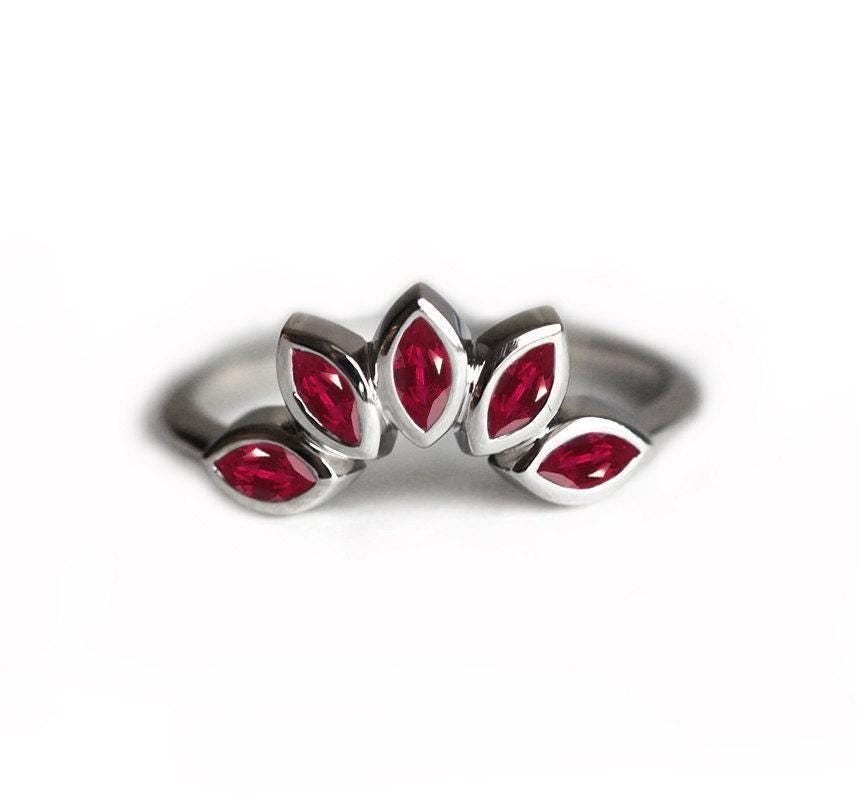 Ruby Wedding Ring, Matching Curved Ruby Band, Marquise Ruby Ring to Fit ...