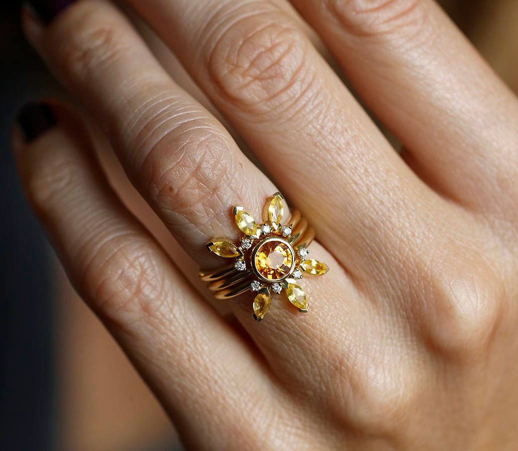 Bohemian Engagement Ring Set Orange Sapphire Ring Gold Sun | Etsy