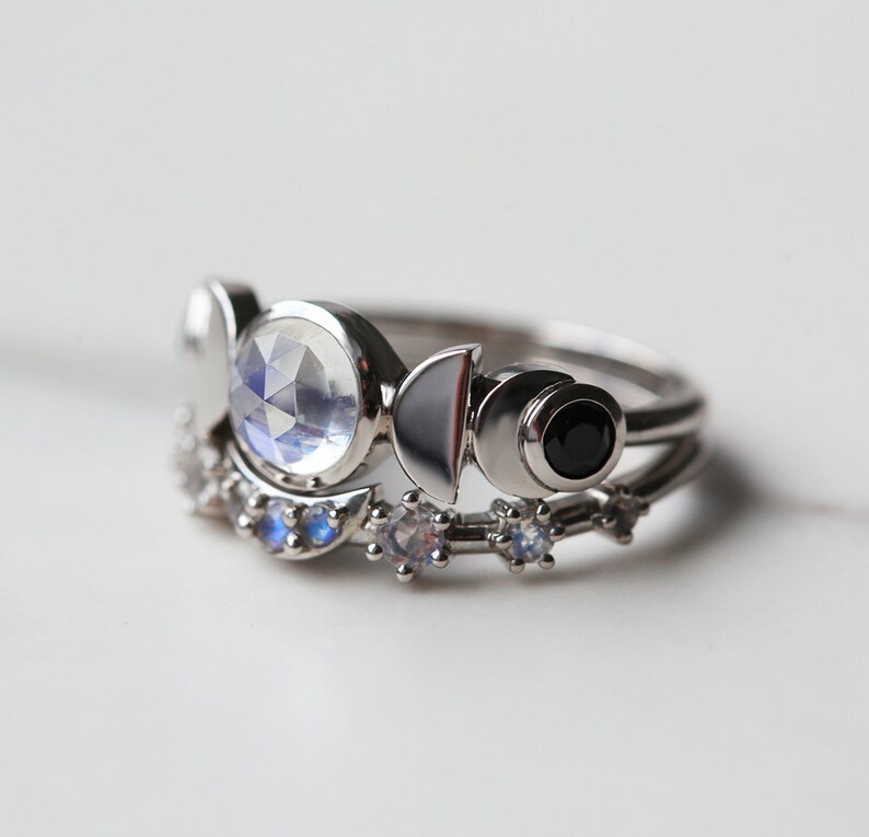 Unique Moonstone Ring Set Moon Phase Engagement Ring Set - Etsy