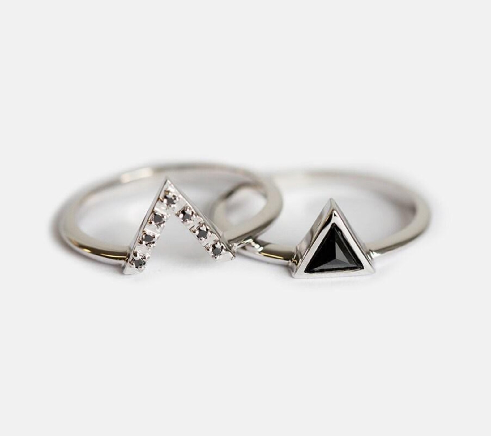 Black Diamond Ring Set, Geometric Engagement Set, Bezel Triangle ...