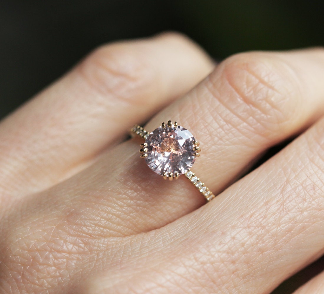 Champagne Peach Sapphire & Diamond Engagement Ring Large | Etsy