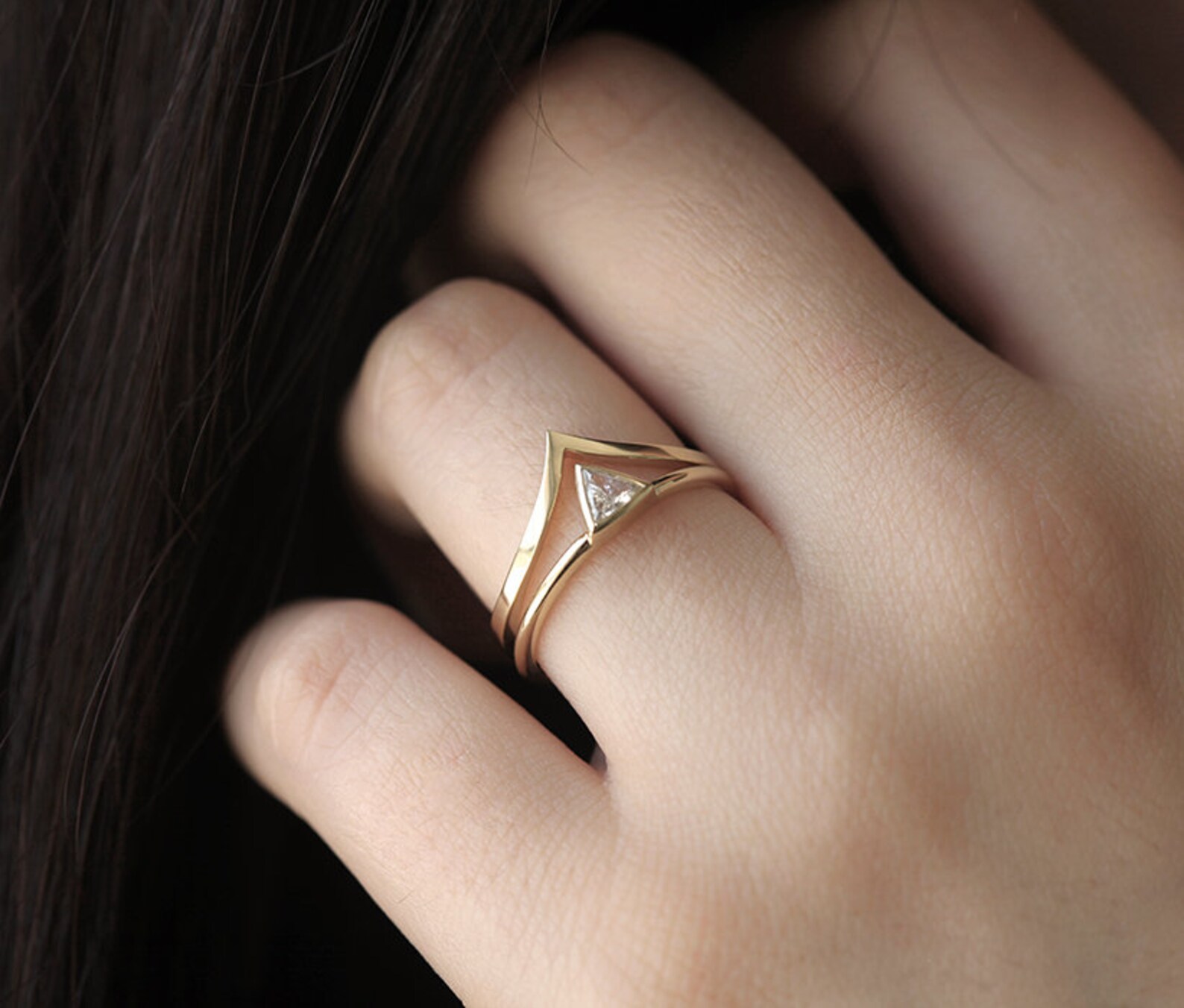 Gold Triangle Diamond Ring With V Band Simple Engagement Ring - Etsy