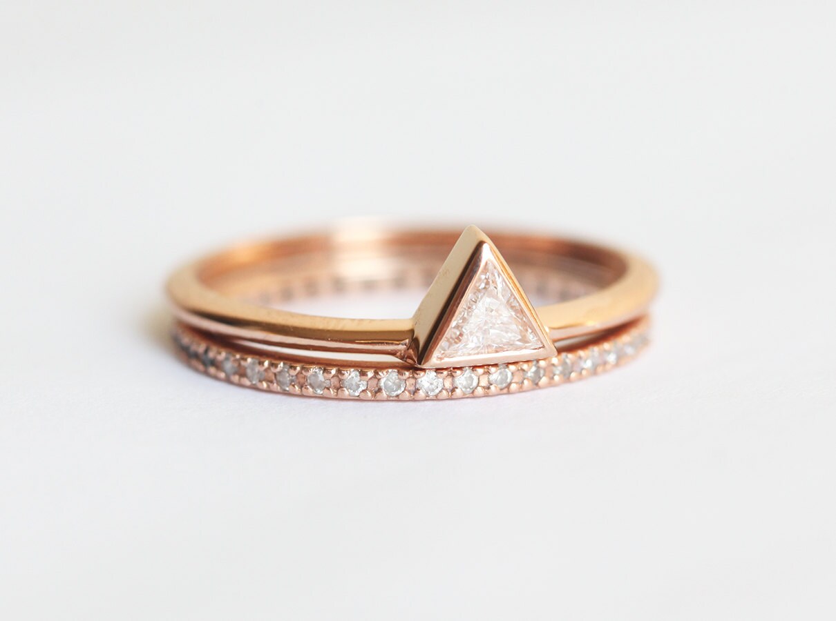 Dainty Diamond Ring Set With Triangle Diamond Solitaire and - Etsy