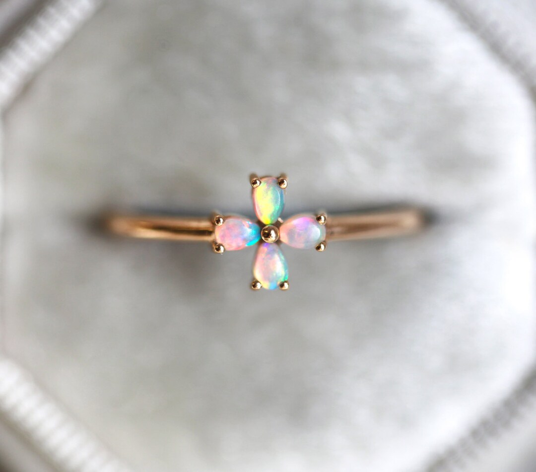 Australian Opal Ring / Opal Flower Ring / Pear Fire Opal Ring / Dainty Opal Engagement Ring - Etsy
