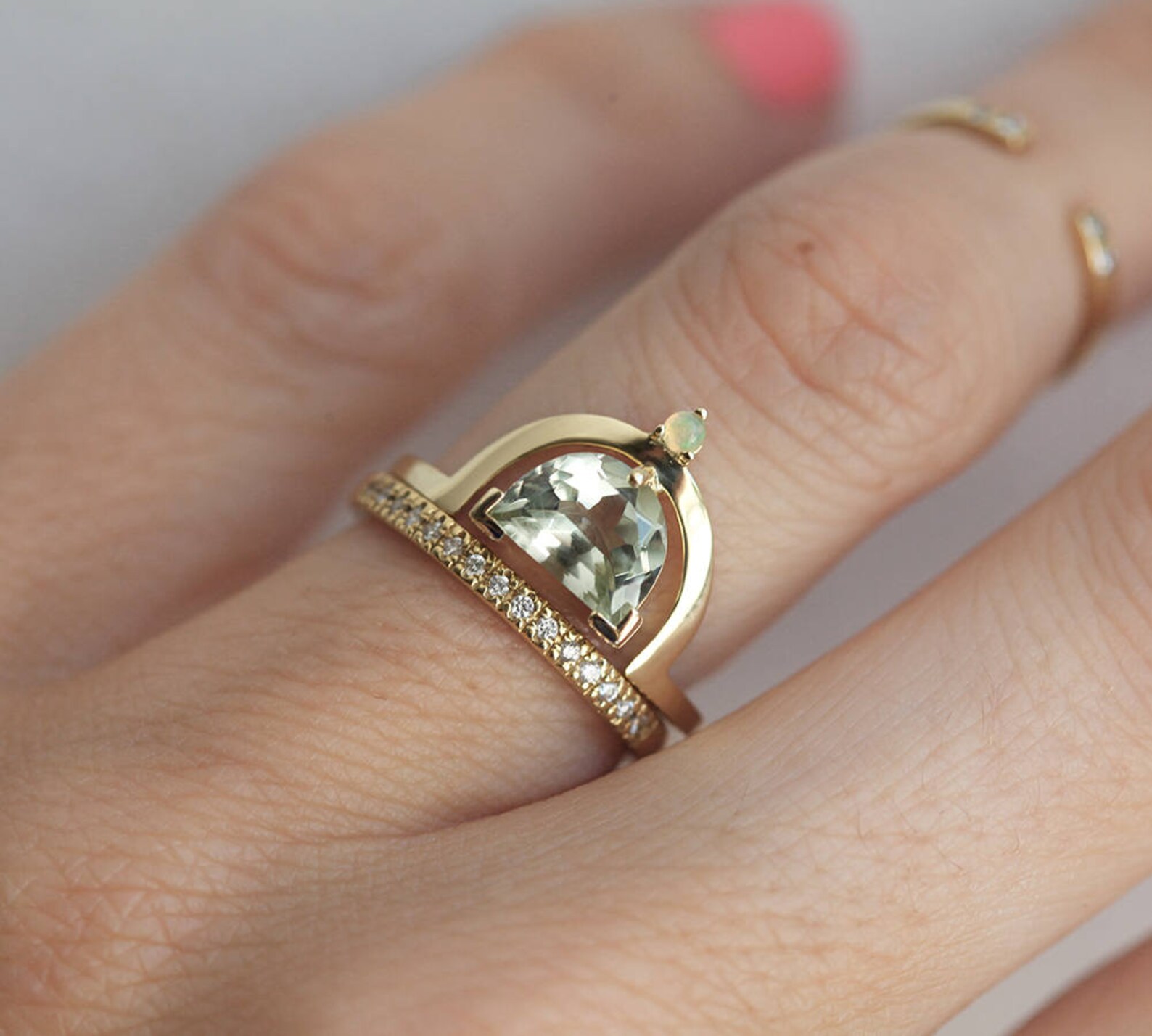 Green Amethyst Engagement Ring Half Moon Ring Unique Opal - Etsy