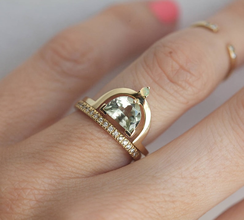 Green Amethyst Engagement Ring Half Moon Ring Unique Opal - Etsy
