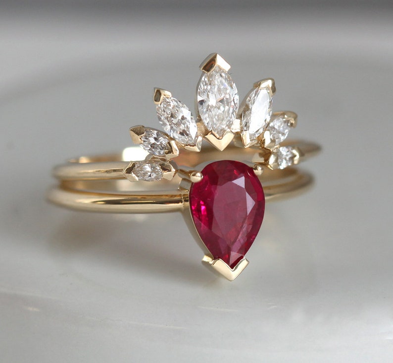 Natural Ruby Engagement Ring Set with Marquise Diamond Crown | Etsy