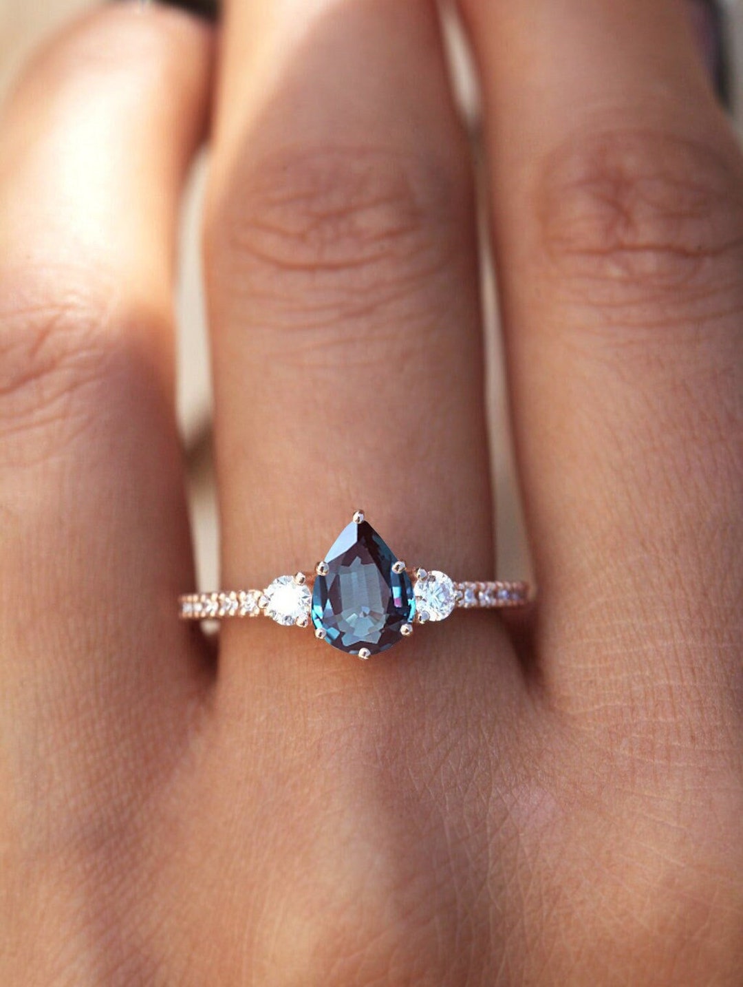 Pear Alexandrite Ring, Pear Alexandrite Three Stone Ring, Alexandrite ...