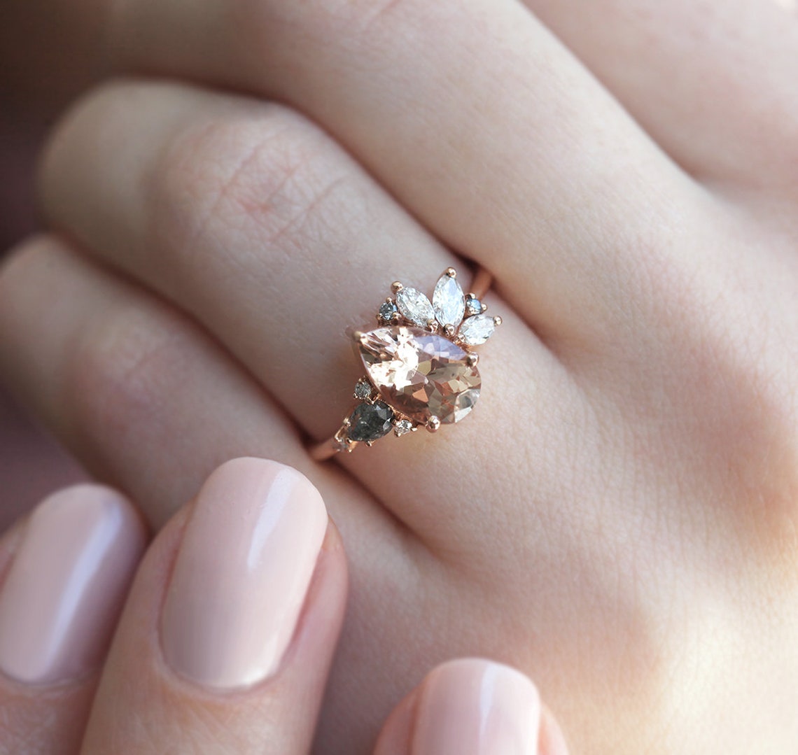 Pear Morganite Diamond Cluster Ring Unique Cluster Engagement - Etsy