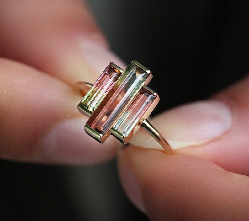 Watermelon Tourmaline Ring Baguette Engagement Ring Unique - Etsy