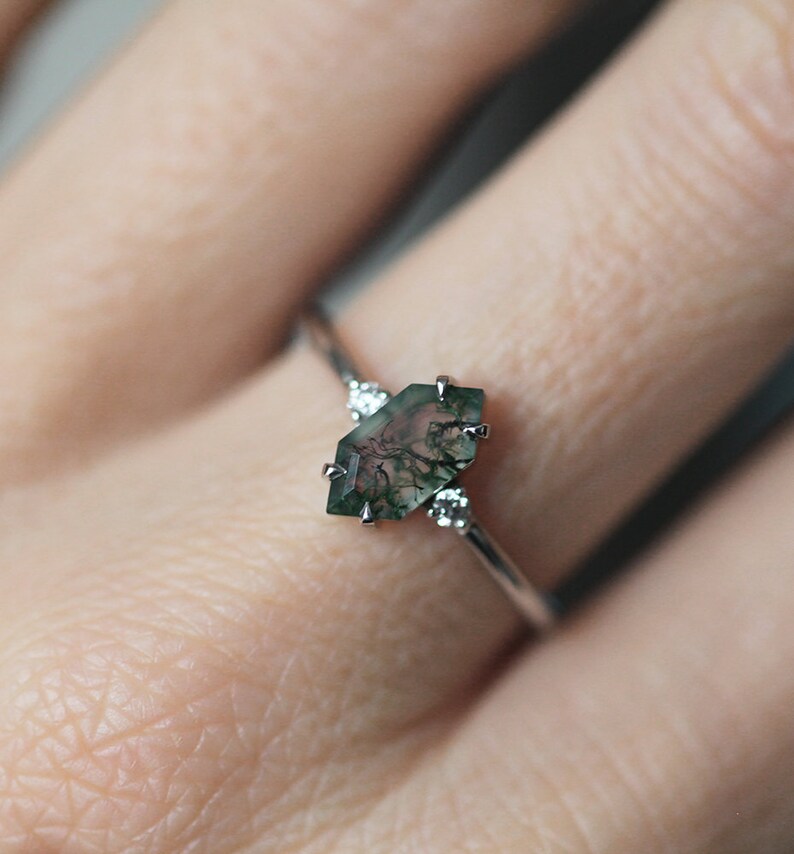 Moss Agate & Diamond Engagement Ring Unique Mossy Ring - Etsy