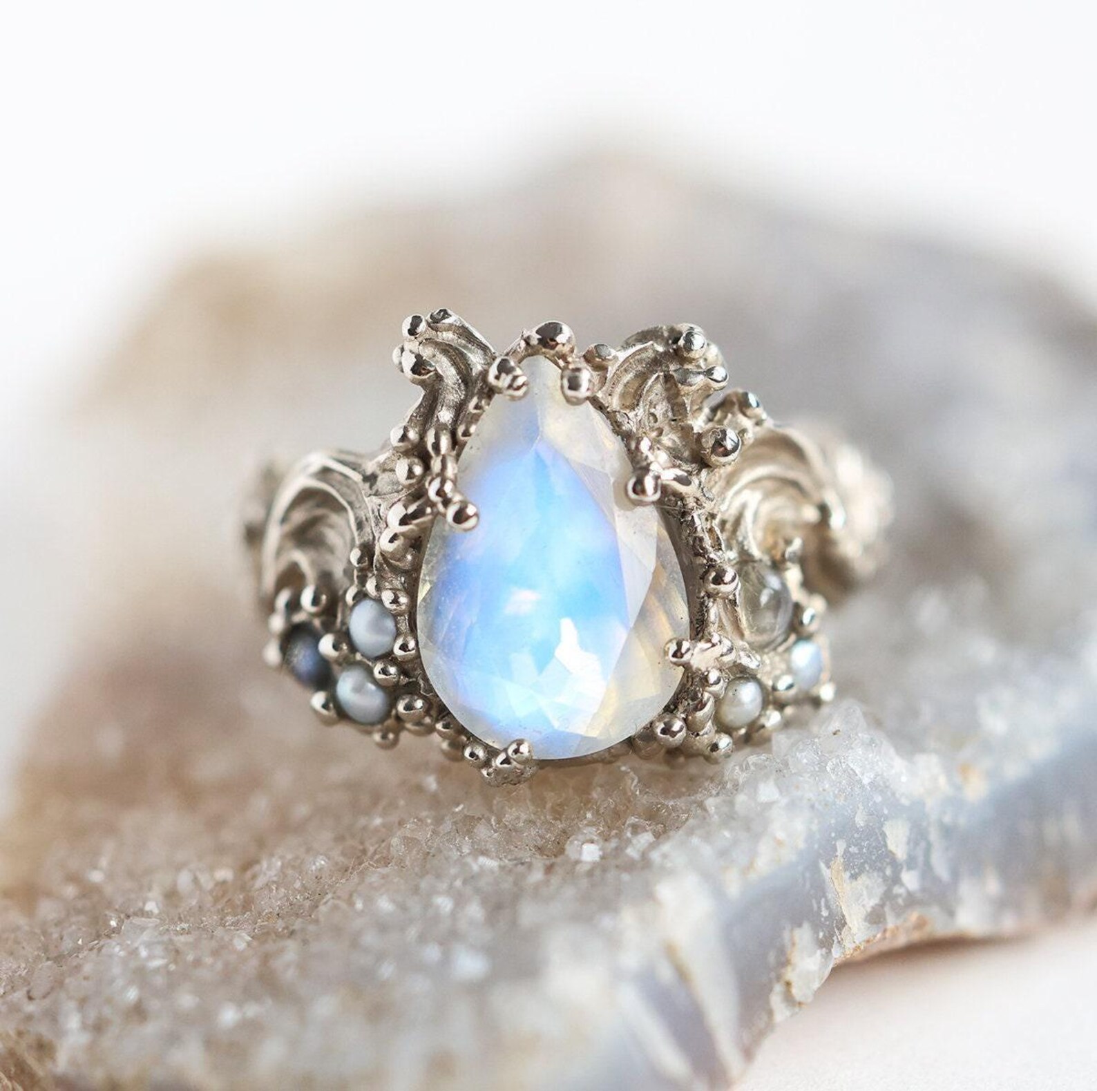 Pear Moonstone Ring, Floral Vintage Style Moonstone Engagement Ring ...