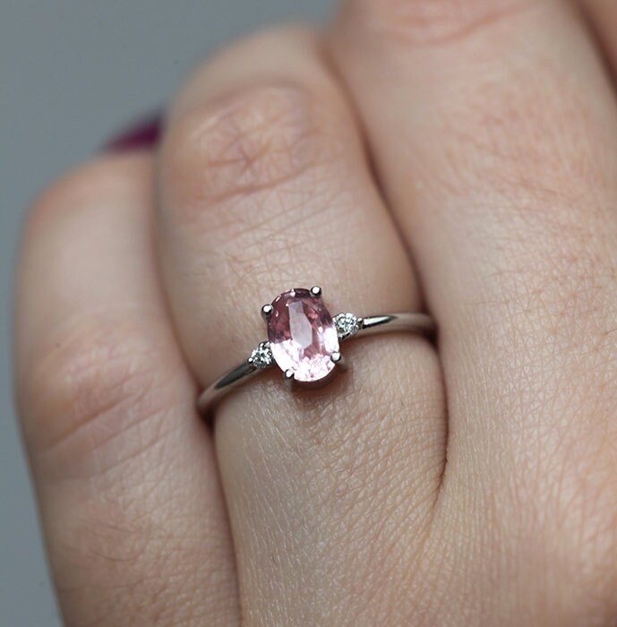 Light Peach Sapphire Ring Three Stone Engagement Ring in | Etsy