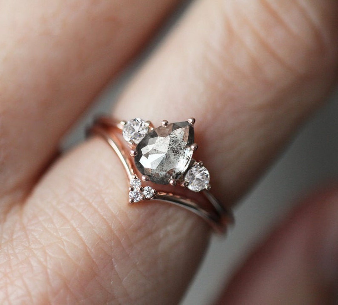 Salt and Pepper Diamond Ring, Pear Galaxy Engagement Ring Set, Grey ...