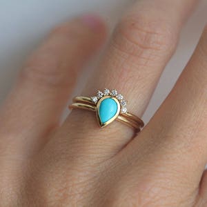 Pear Turquoise Ring Set, Diamond Crown Ring With Turquoise Solitaire Ring, Turquoise Diamond ...
