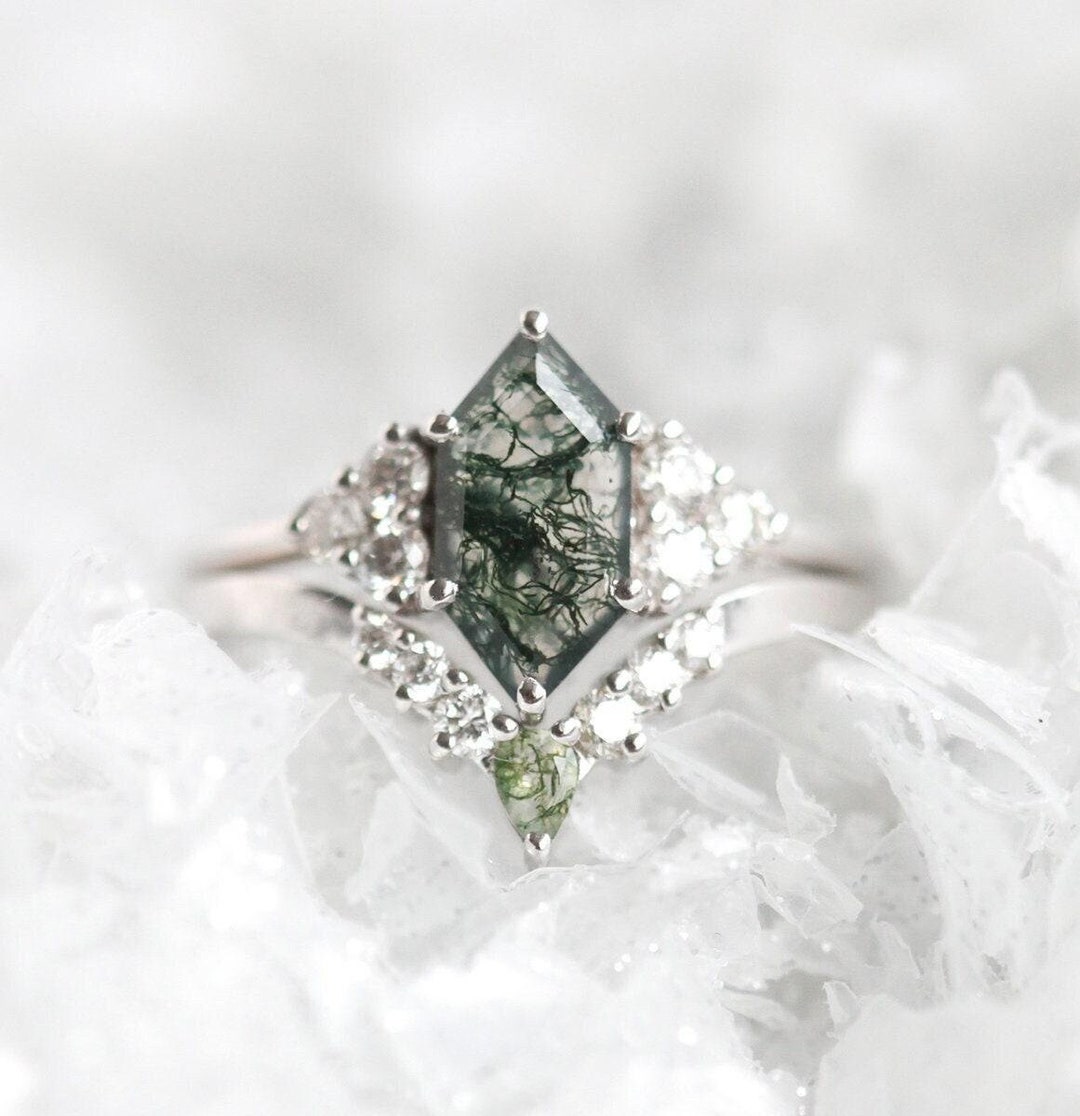 Hexagon Moss Agate Ring Set, Moss Engagement Ring With Accent Diamonds ...