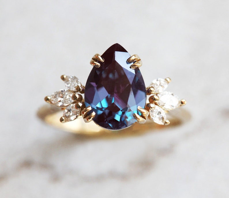 Alexandrite Engagement Ring Pear Alexandrite Ring Cluster - Etsy