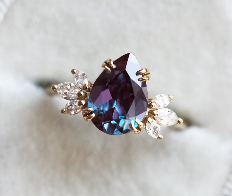 Alexandrite Engagement Ring Pear Alexandrite Ring Cluster | Etsy