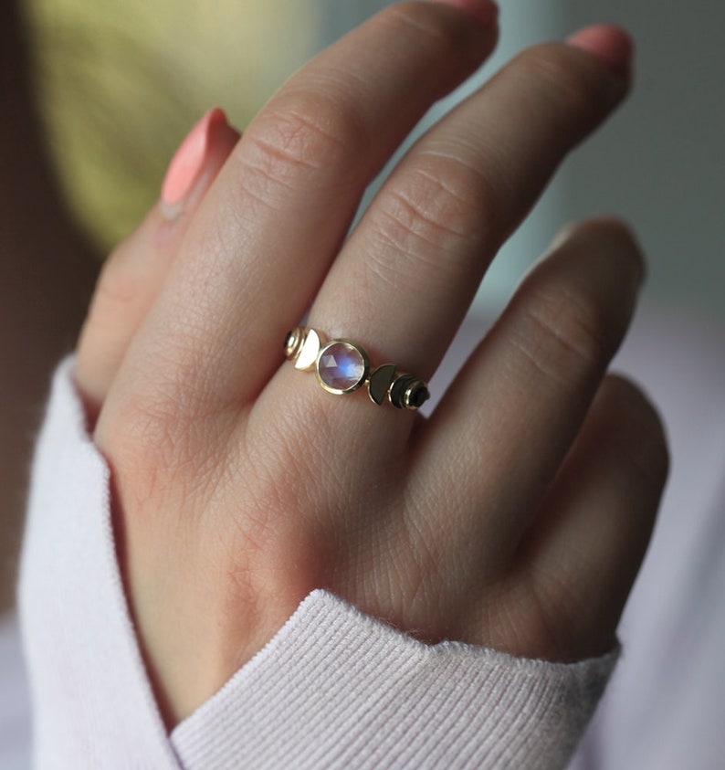 Moonstone Moon Phase Ring With Spinels Gold Moon Phase Ring | Etsy