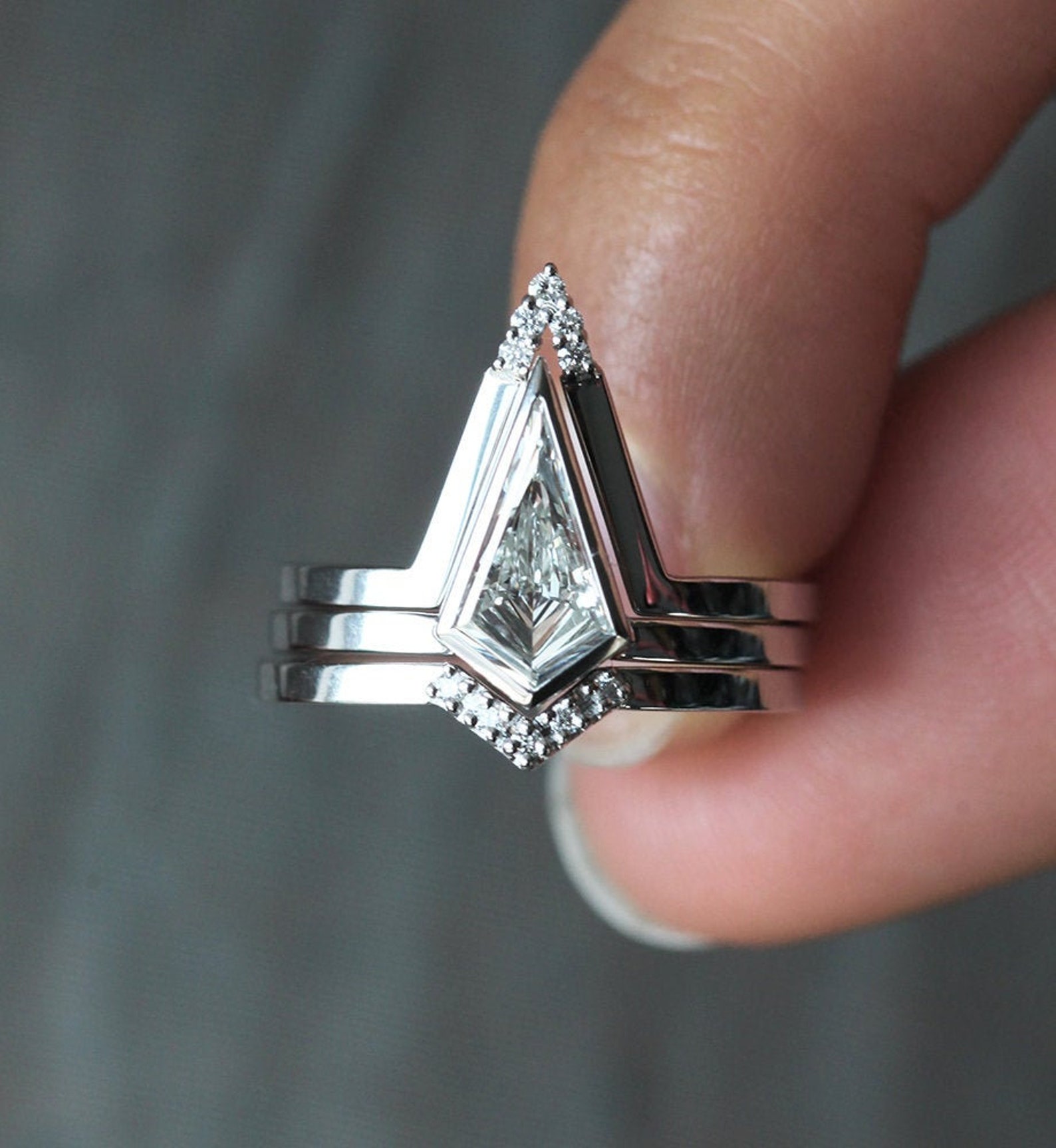 White Diamond Kite Ring Set Kite Diamond Engagement Ring Set - Etsy