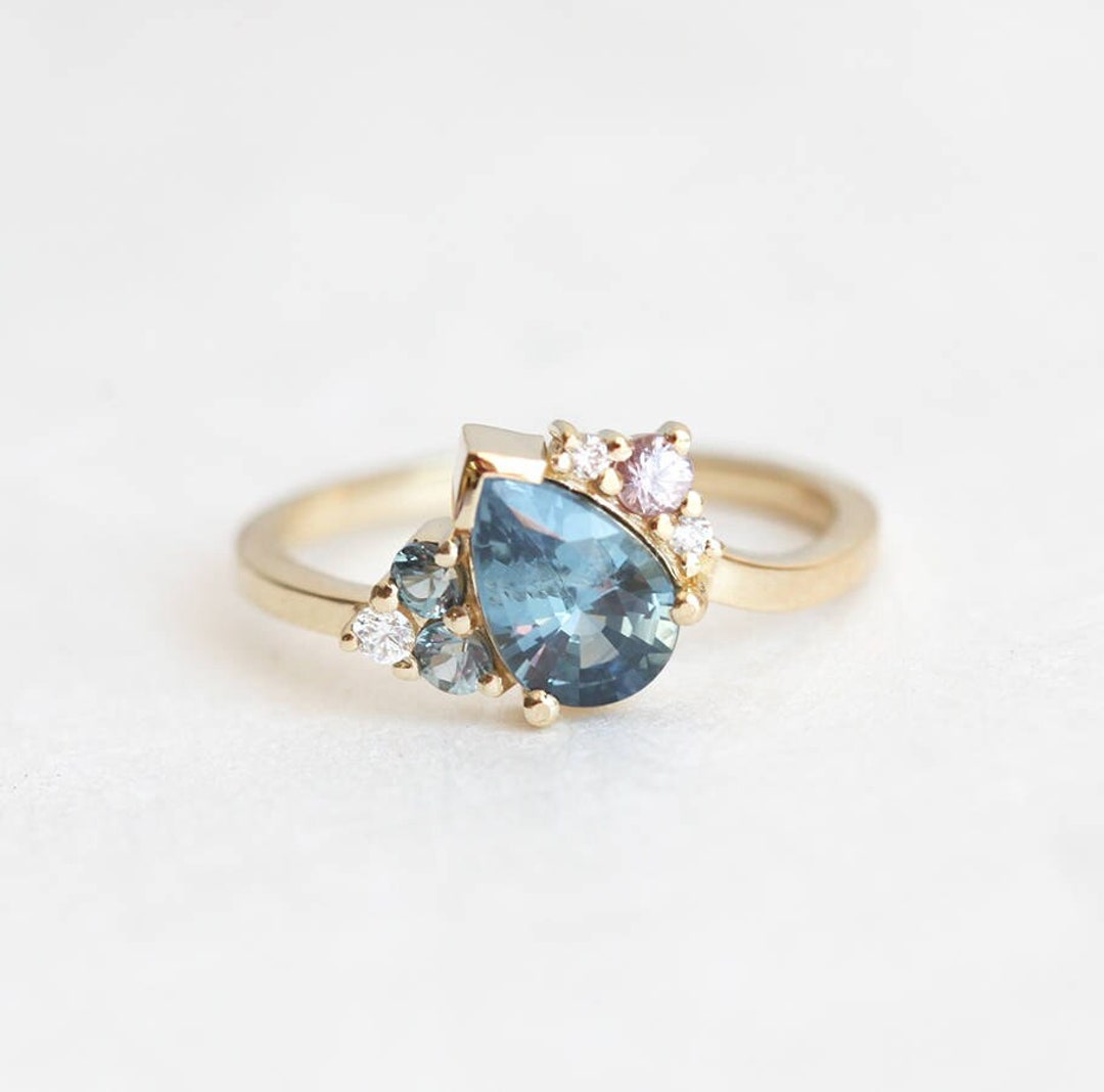 Blue Pear Sapphire Engagement Ring, Sapphire Cluster Ring, 18k Gold ...