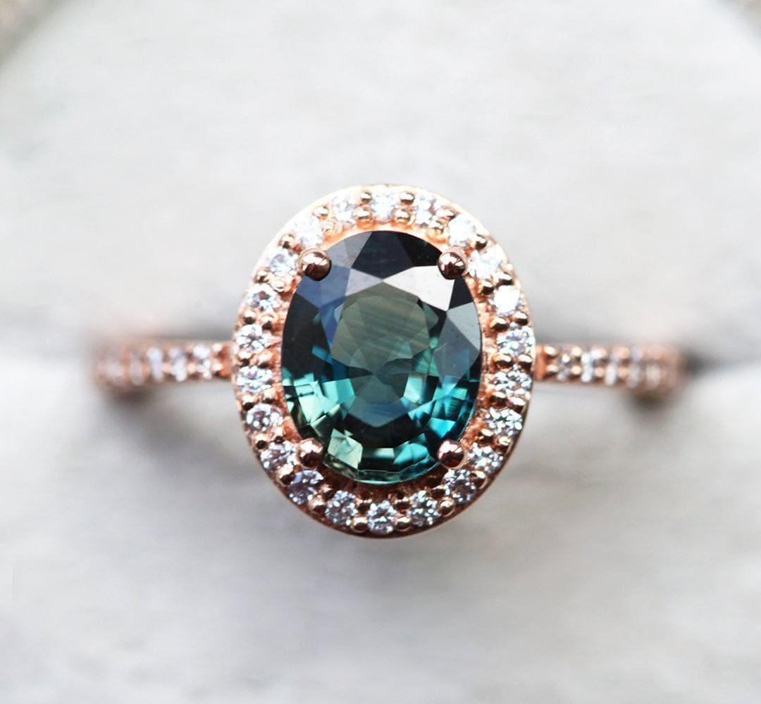 Blue Green Sapphire Engagement Ring, Oval Peacock Sapphire Halo Diamond ...