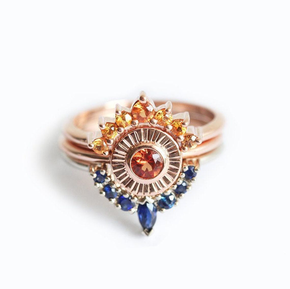 Sapphire Wedding Ring Set, Sunset Engagement Set, Orange & Blue ...