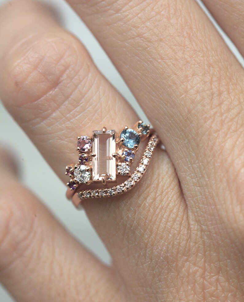 Morganite Ring Set Baguette Engagement Cluster Unique - Etsy