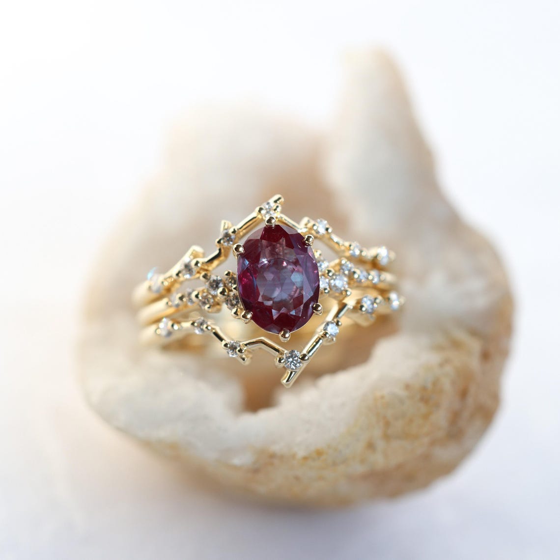 Oval Alexandrite Ring Set, Oval Alexandrite Cluster Diamond Ring With ...