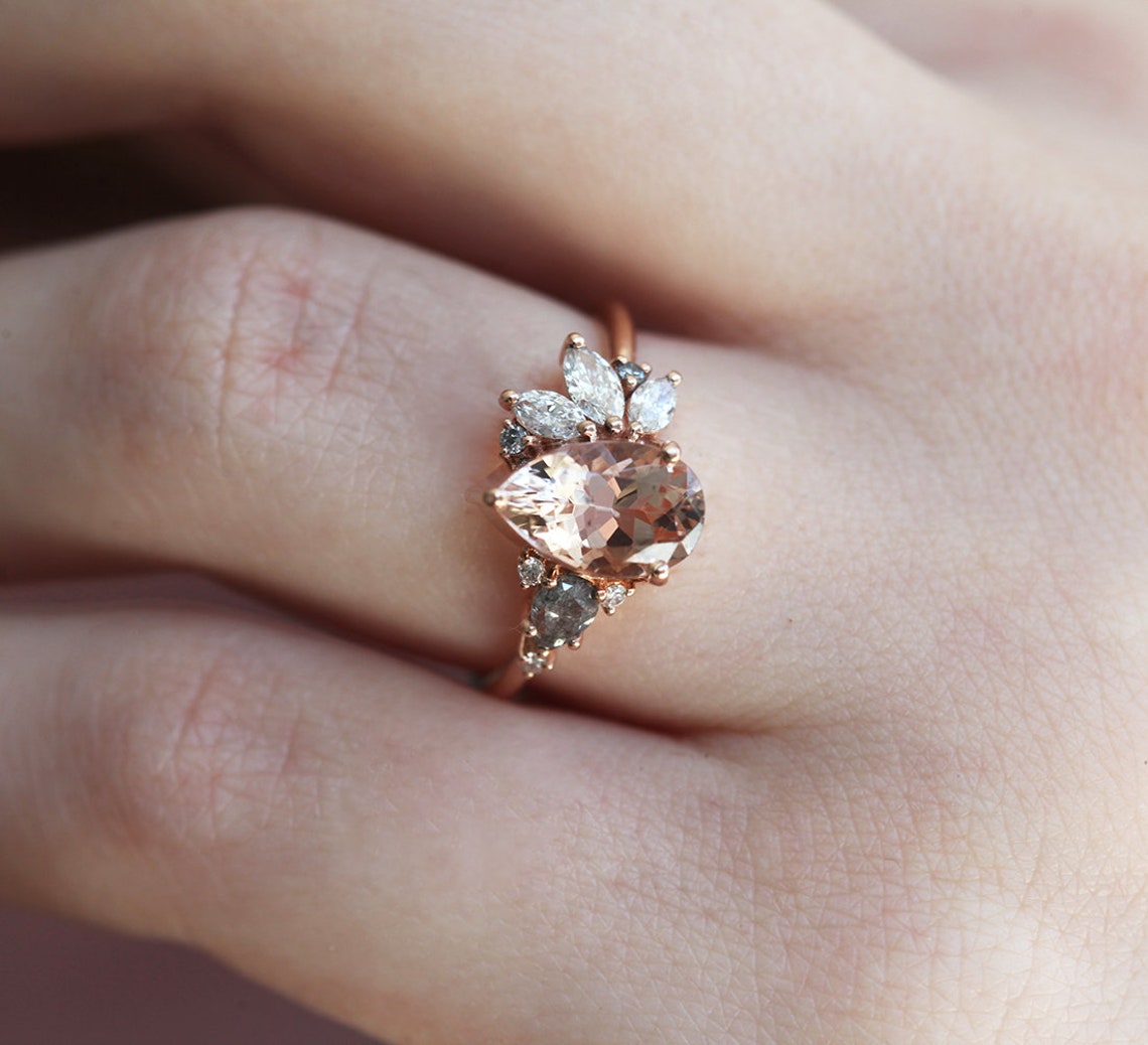 Pear Morganite Diamond Cluster Ring Unique Cluster Engagement - Etsy