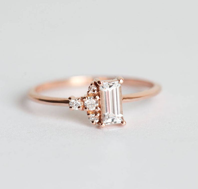 White Sapphire Cluster Ring in 14k Solid Gold With Side - Etsy