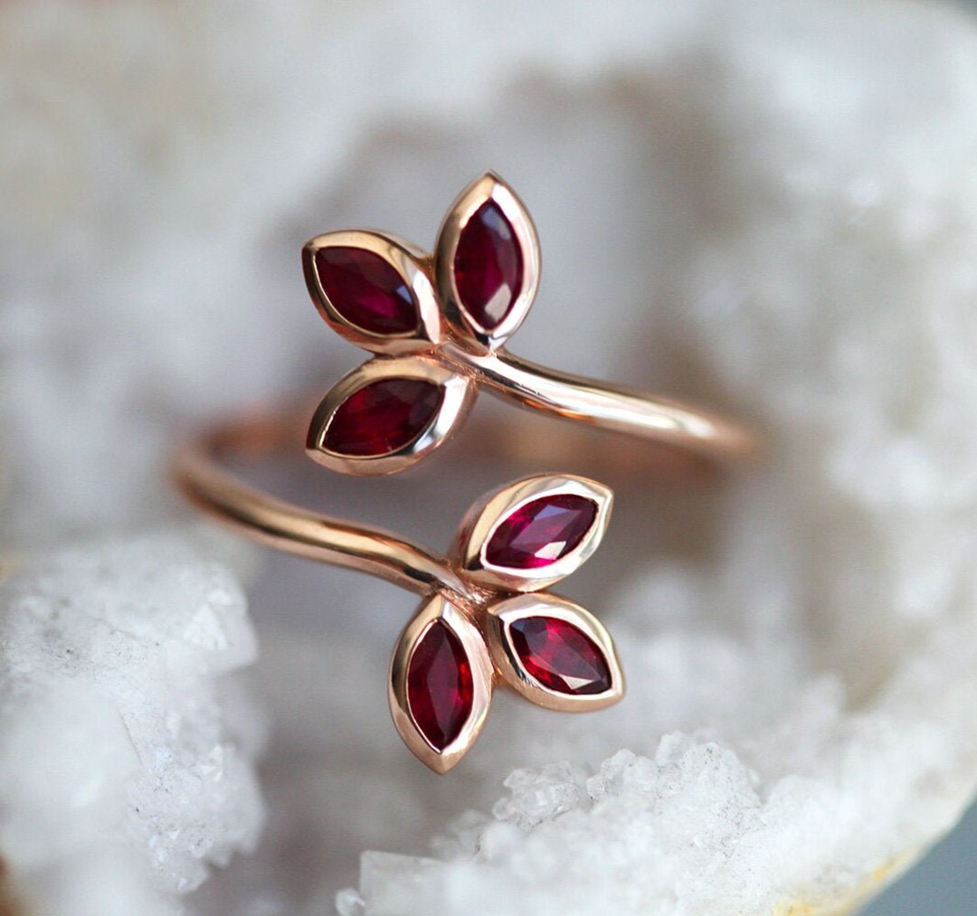 Floral Ruby Wrap Ring, Ruby Leaf Open Band, Natural Marquise Red Ruby ...