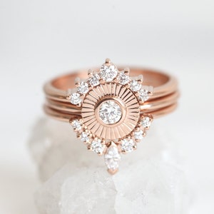 Sunset Ring Set, Diamond Sun Ring With Curved Diamond Crown Rings ...