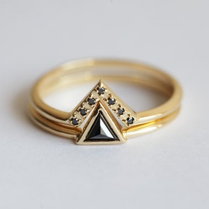 Black Diamond Ring Set, Geometric Engagement Set, Bezel Triangle Wedding Set, White Gold Ring ...