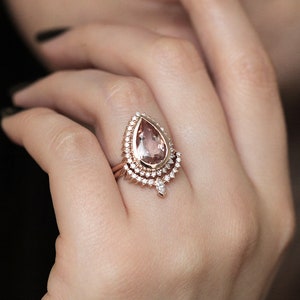 Morganite Engagement Ring Set, Large Morganite Ring, Pear Cut Gemstone ...
