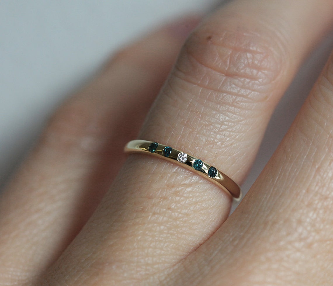 Blue & White Diamond Ring Simple Wedding Band Five Stone | Etsy